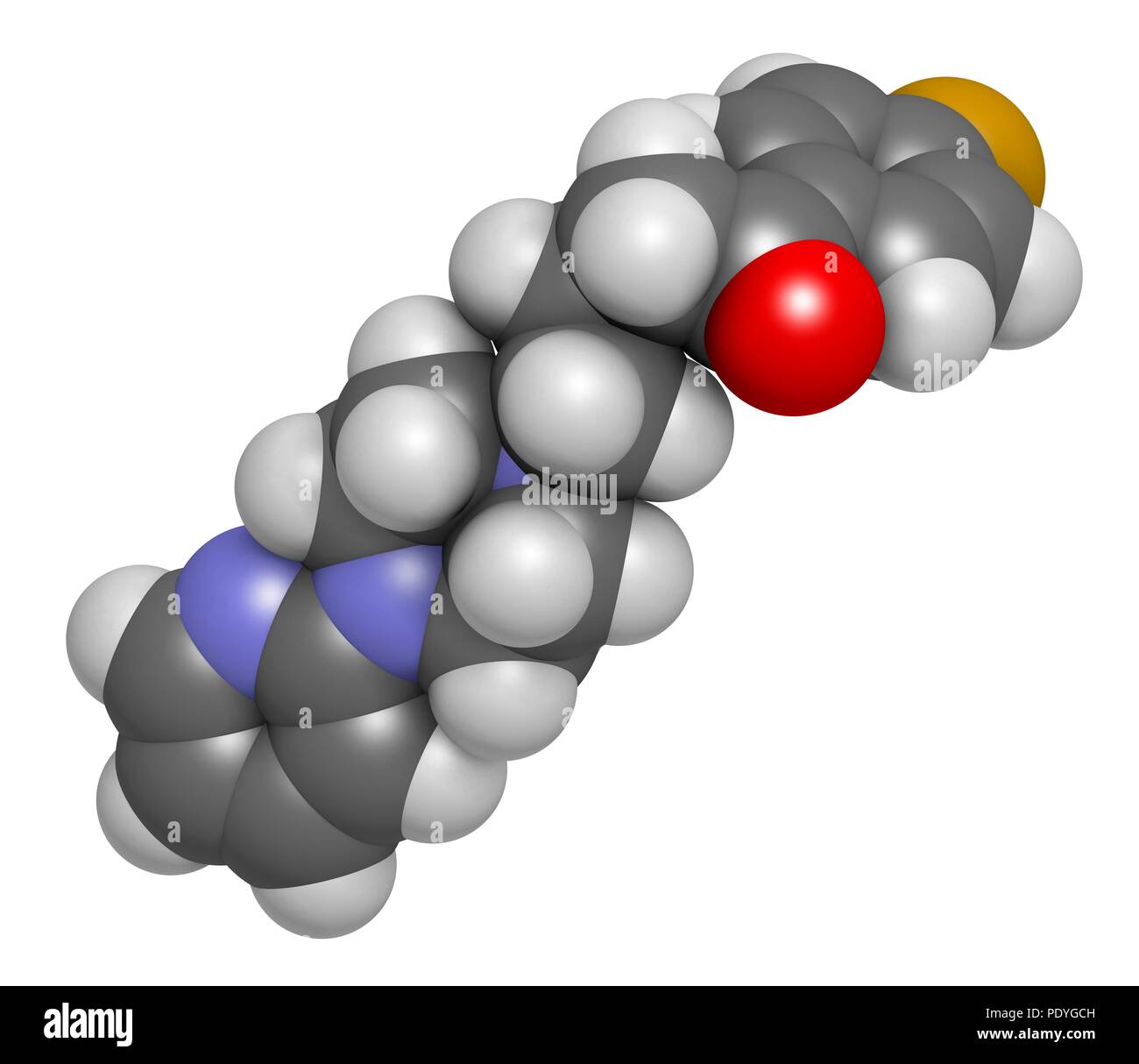 Azaperone antipsychotic drug molecule. 3D rendering. Atoms are ...