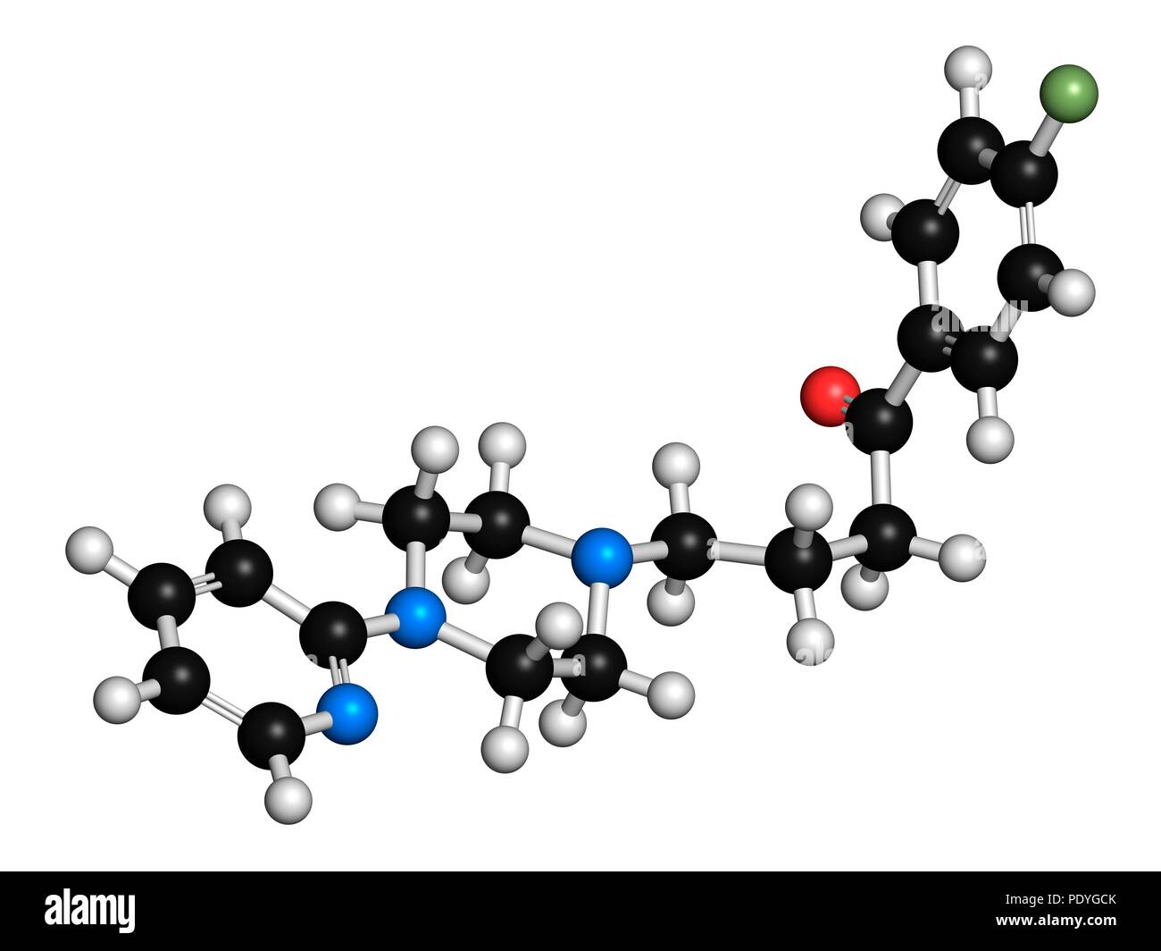 Azaperone antipsychotic drug molecule. 3D rendering. Atoms are ...
