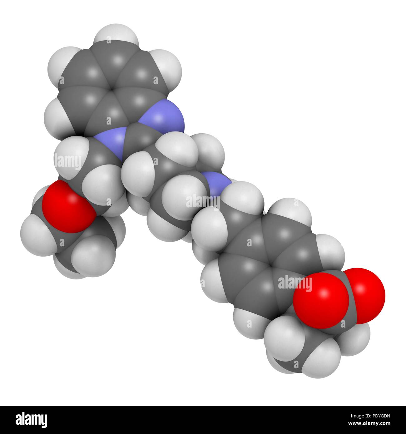 Bilastine antihistamine drug molecule. 3D rendering. Atoms are ...