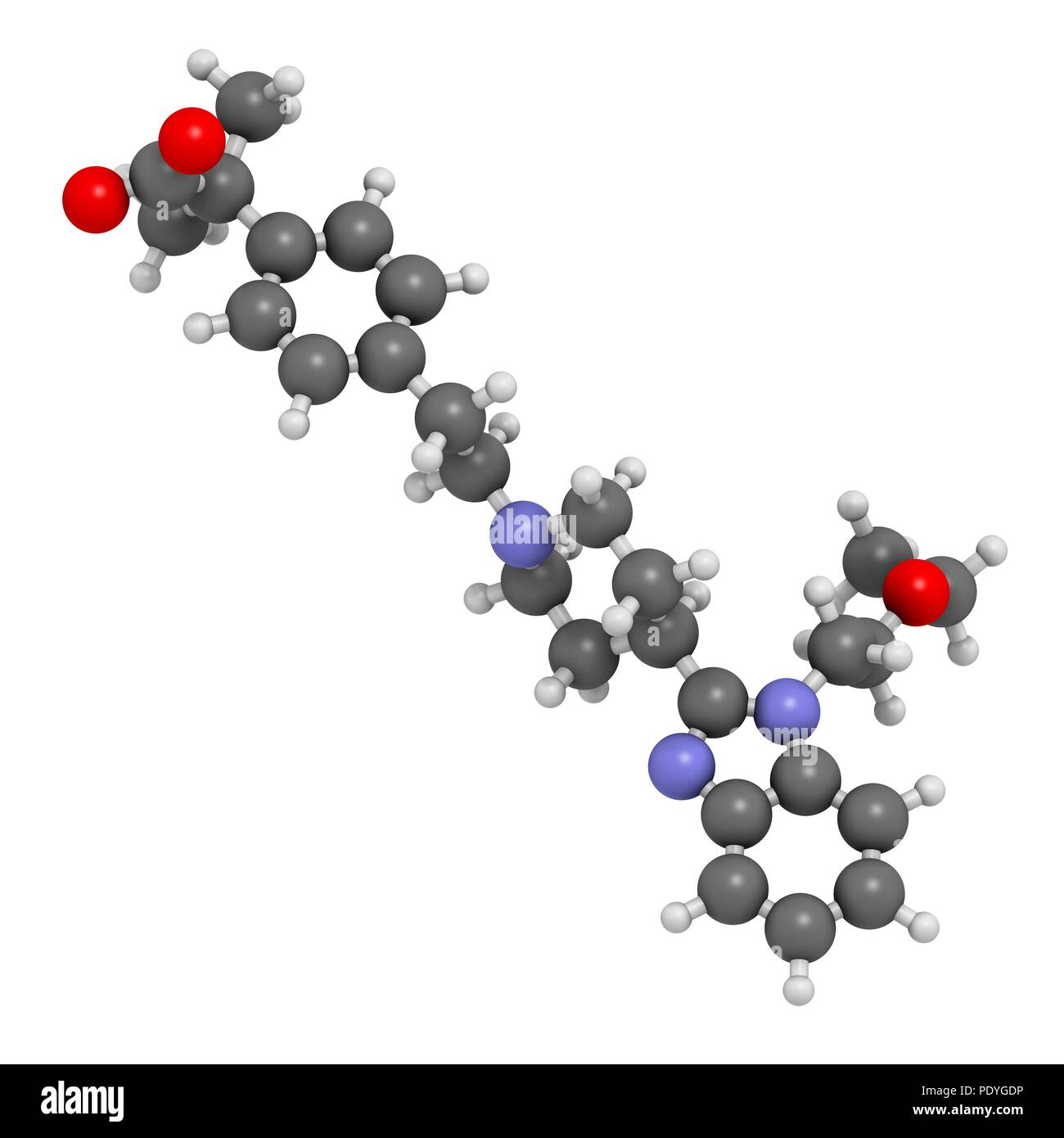 Bilastine antihistamine drug molecule. 3D rendering. Atoms are ...