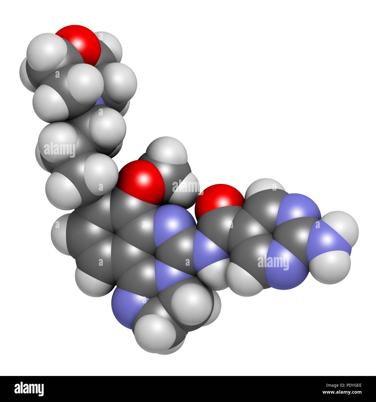 Copanlisib cancer drug molecule (PI3K inhibitor). 3D rendering. Atoms ...