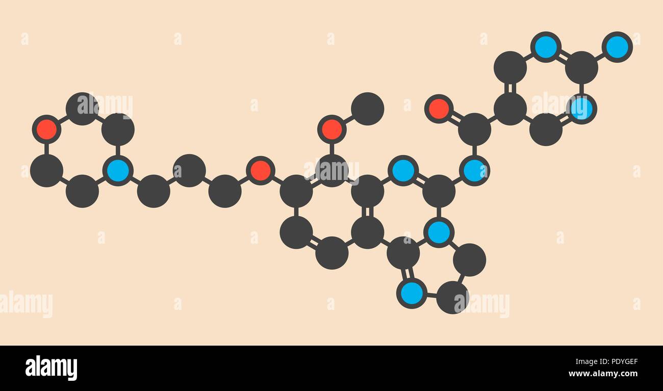Copanlisib cancer drug molecule (PI3K inhibitor). Stylized skeletal ...