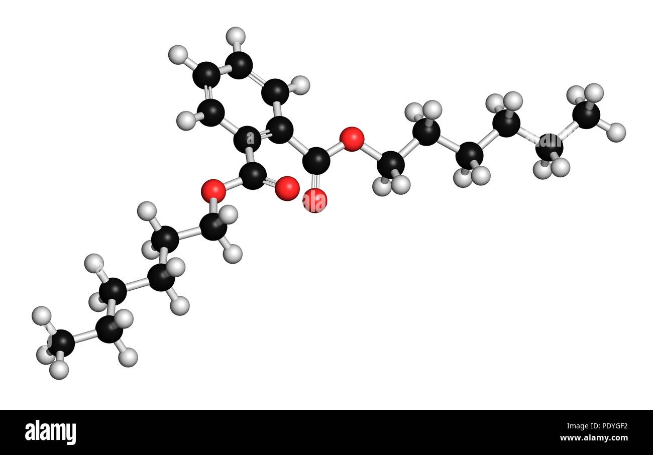 Di-n-hexyl phthalate (DNHP) plasticizer molecule. 3D rendering. Atoms ...