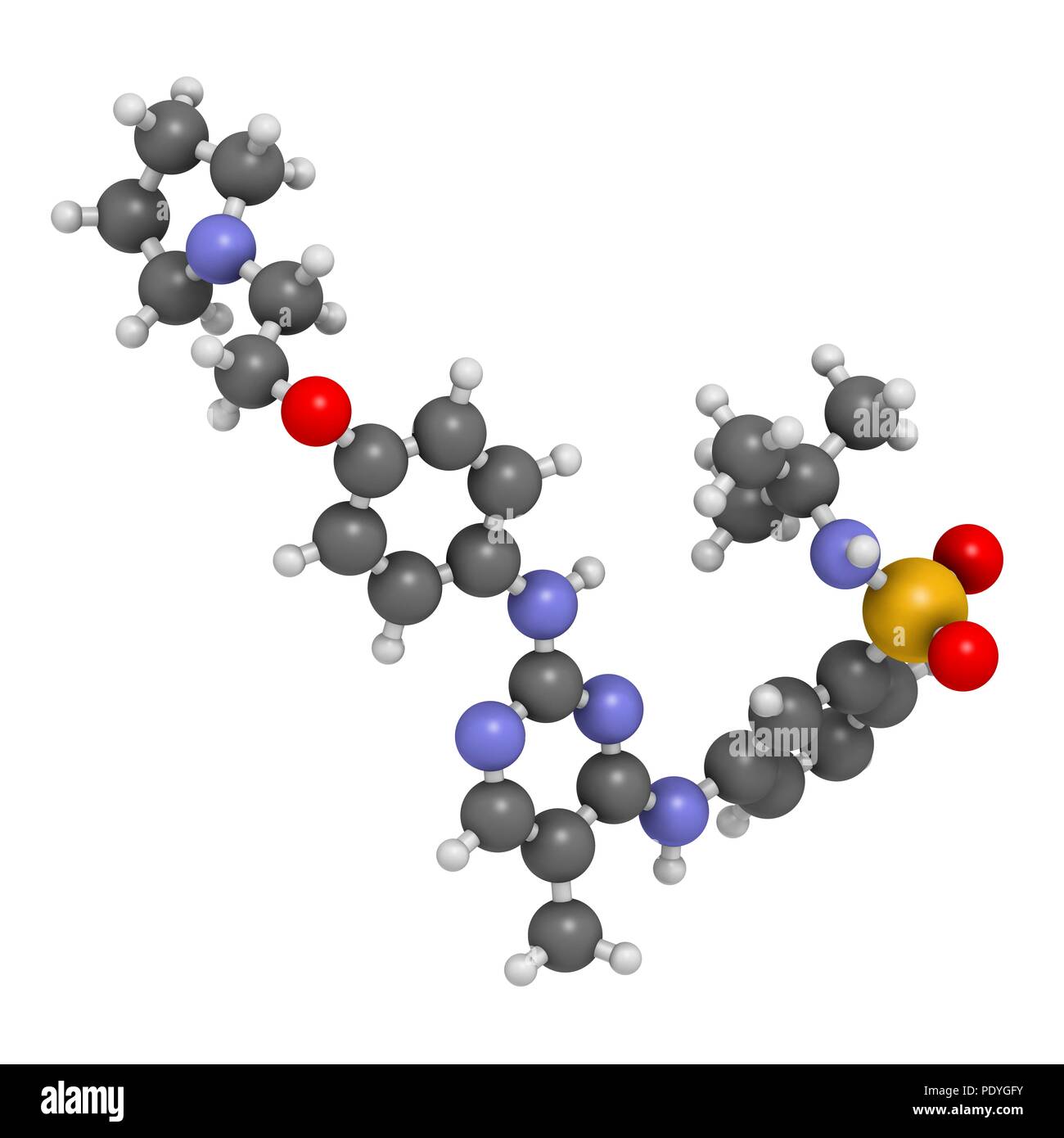 Fedratinib cancer drug molecule. 3D rendering. Atoms are represented as ...