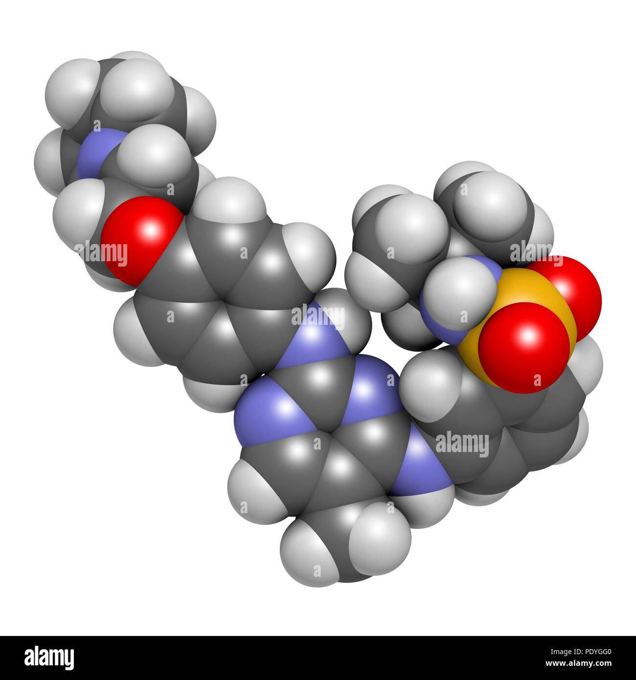 Fedratinib cancer drug molecule. 3D rendering. Atoms are represented as ...