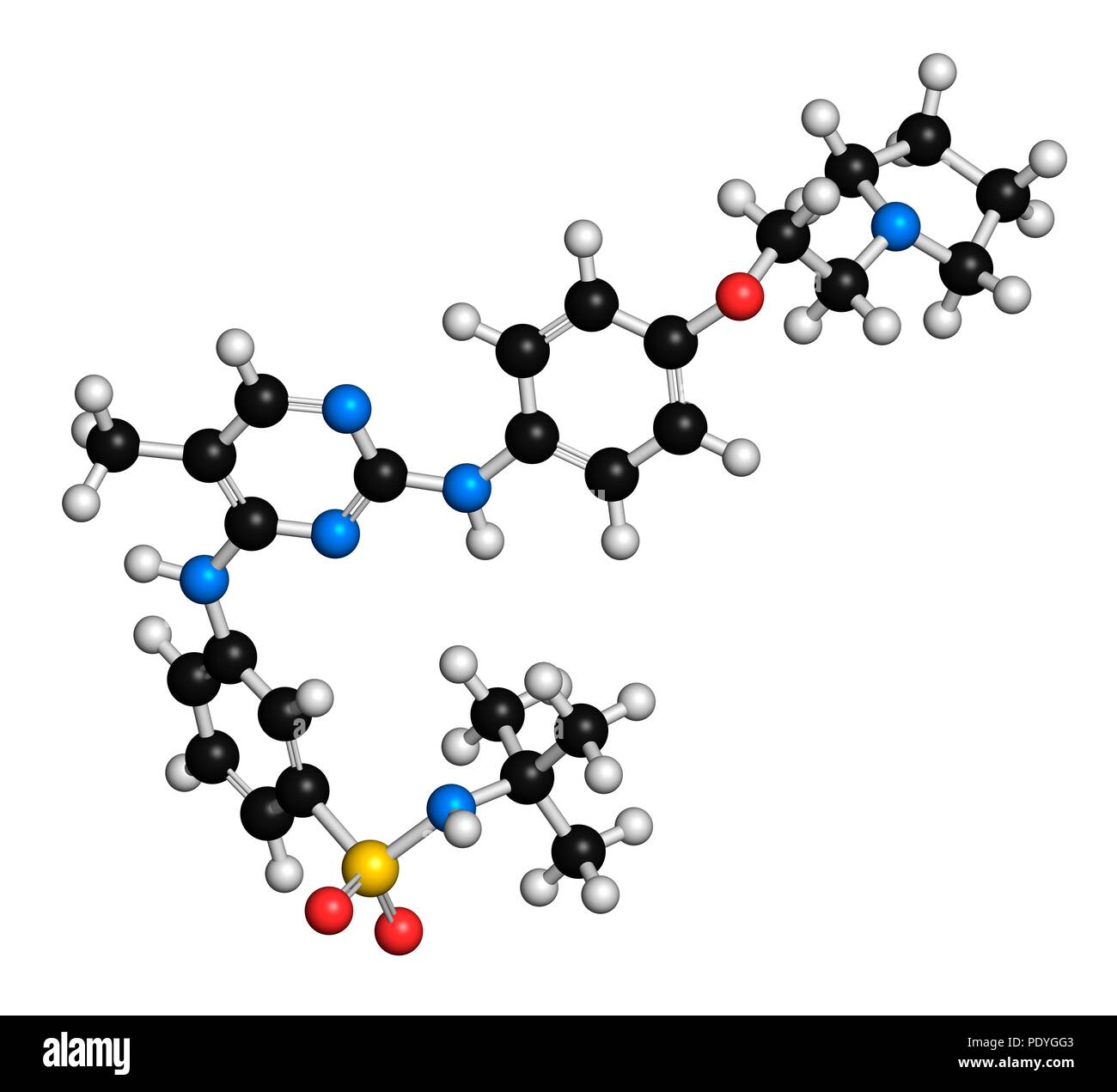 Fedratinib cancer drug molecule. 3D rendering. Atoms are represented as ...