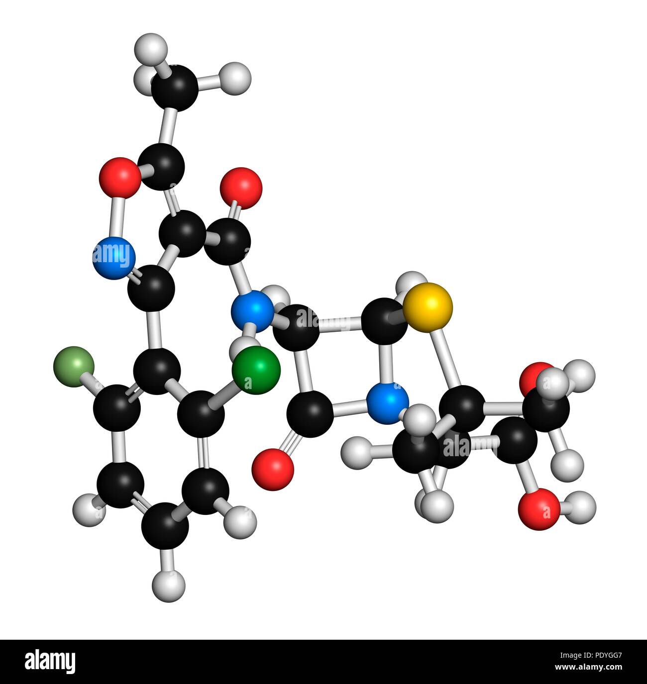 Flucloxacillin (floxacillin) antibiotic drug molecule. 3D rendering ...