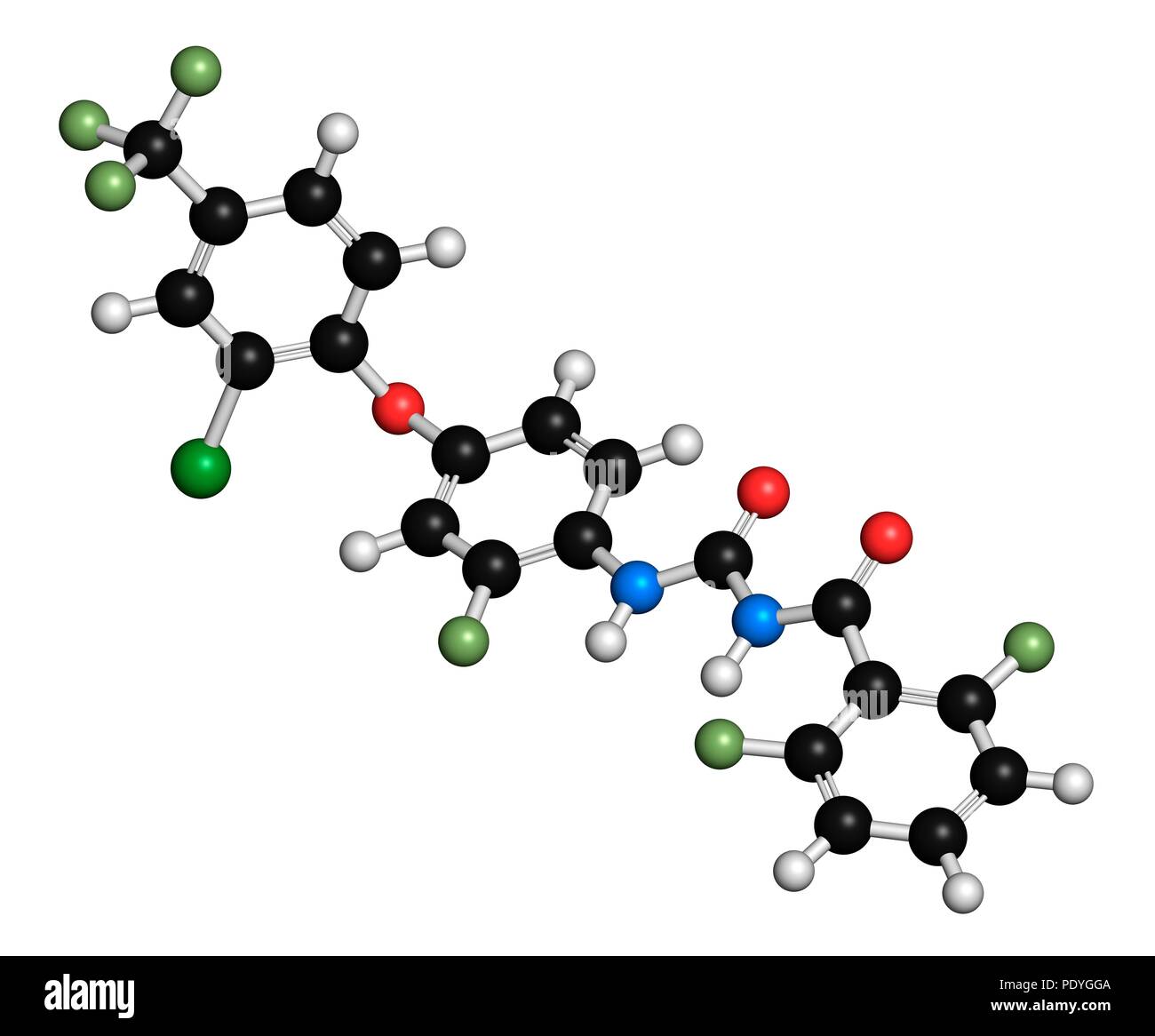 Flufenoxuron insecticide molecule. 3D rendering. Atoms are represented ...