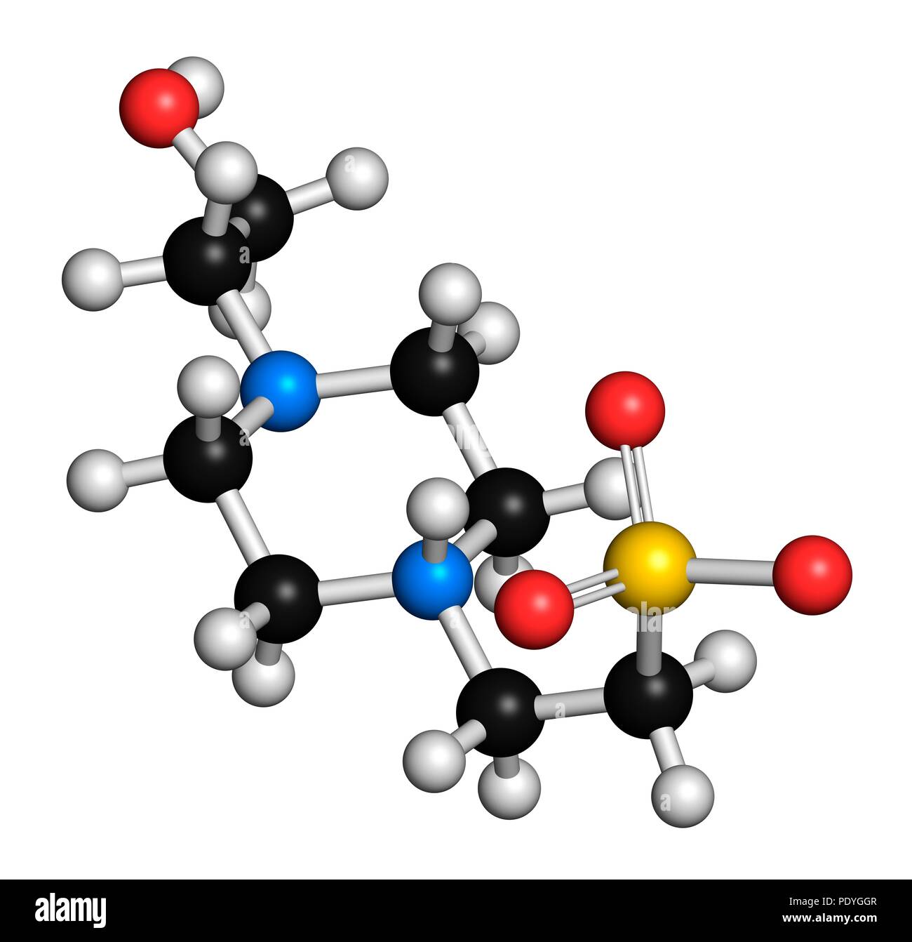 HEPES buffering agent molecule. 3D rendering. Atoms are represented as ...