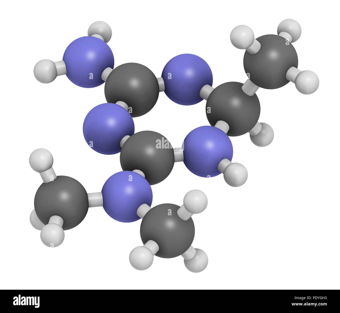 Imeglimin diabetes drug molecule. 3D rendering. Atoms are represented ...