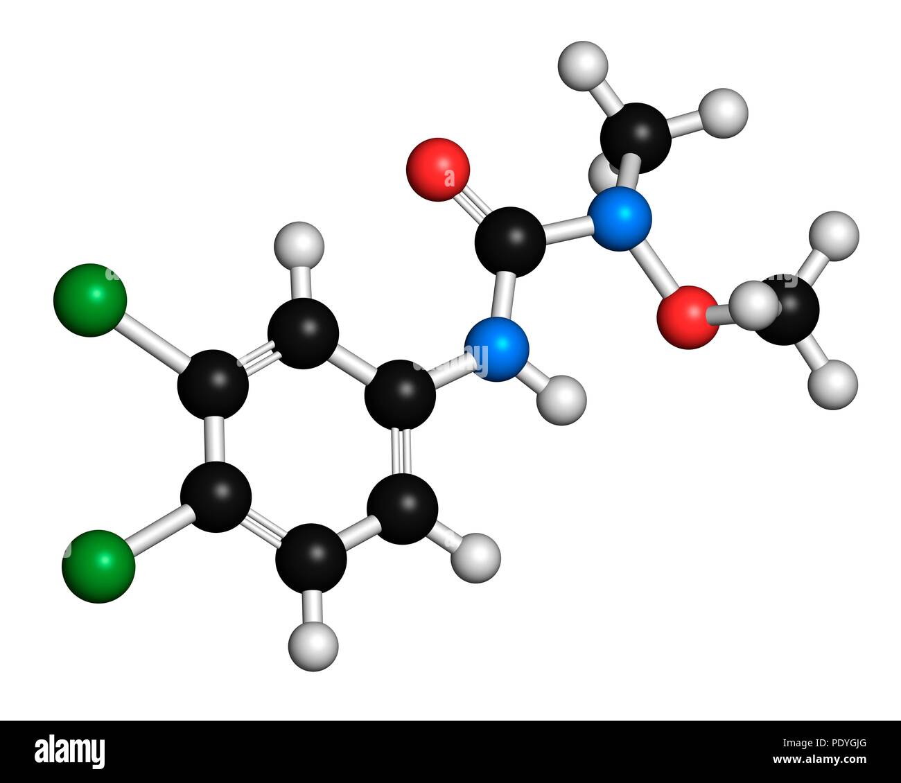 Linuron herbicide molecule. 3D rendering. Atoms are represented as ...