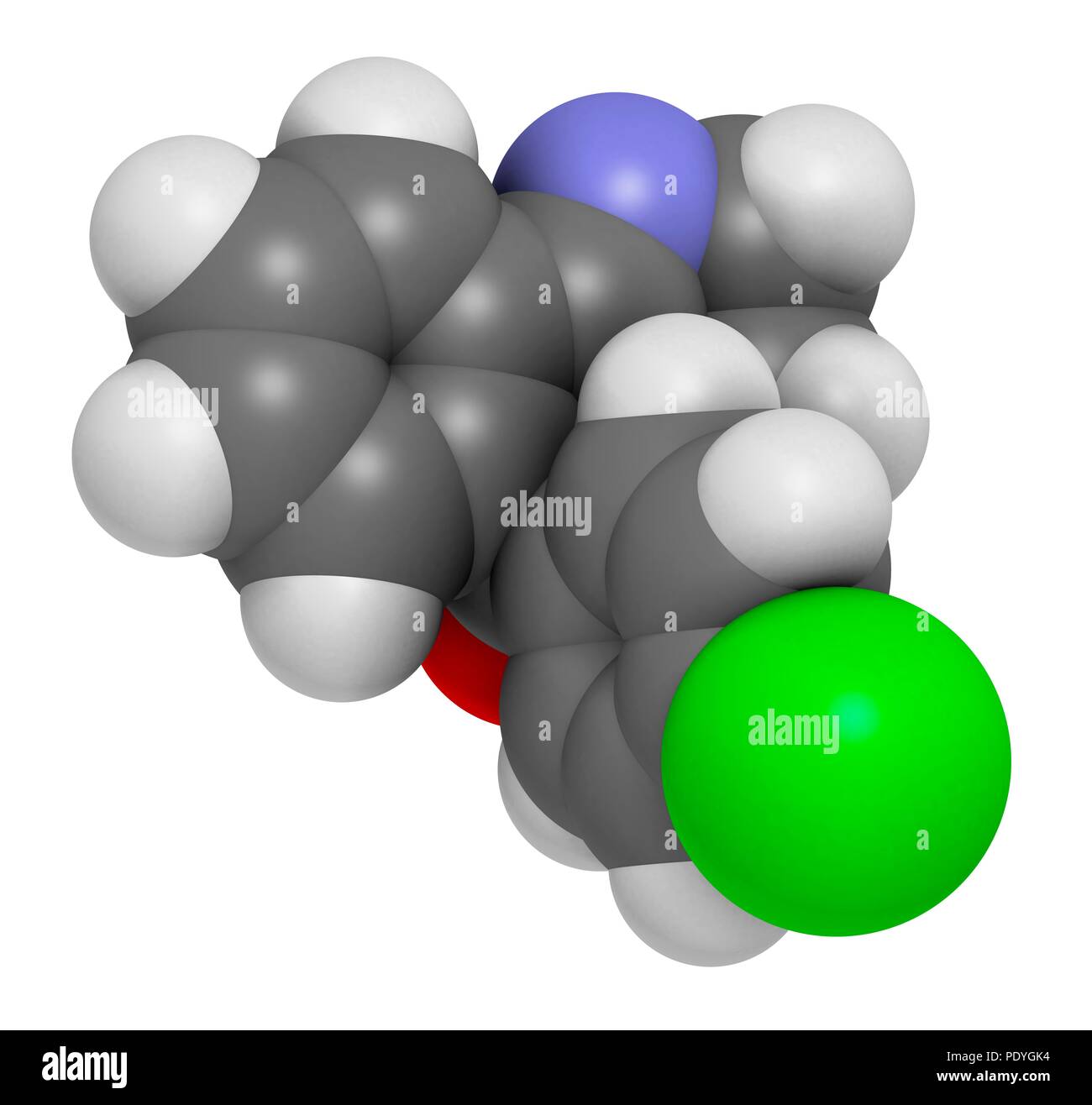 Mazindol appetite suppressant drug molecule. 3D rendering. Atoms are ...