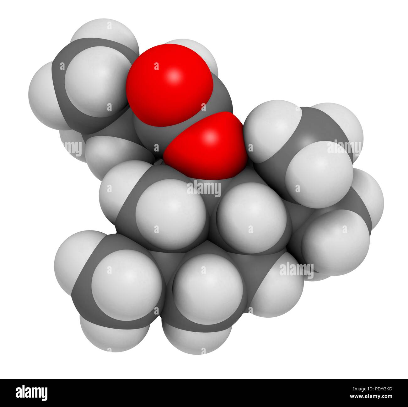 Menthyl isovalerate drug molecule. 3D rendering. Atoms are represented ...