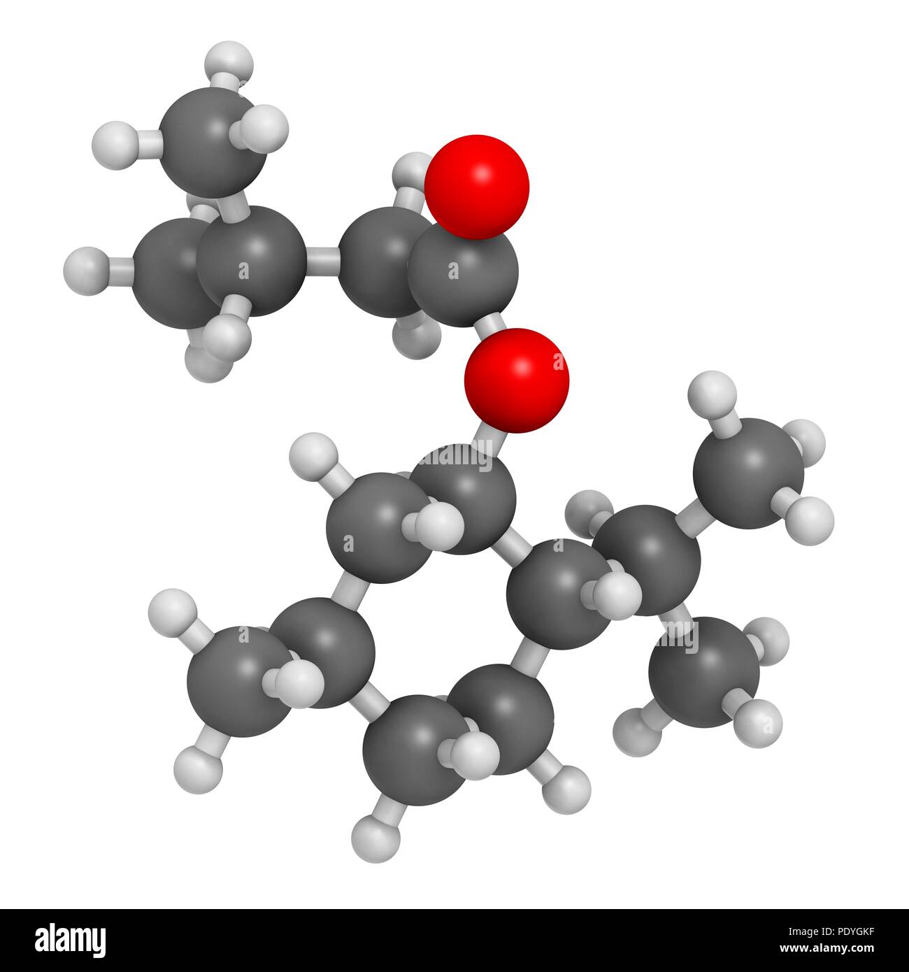 Menthyl isovalerate drug molecule. 3D rendering. Atoms are represented ...
