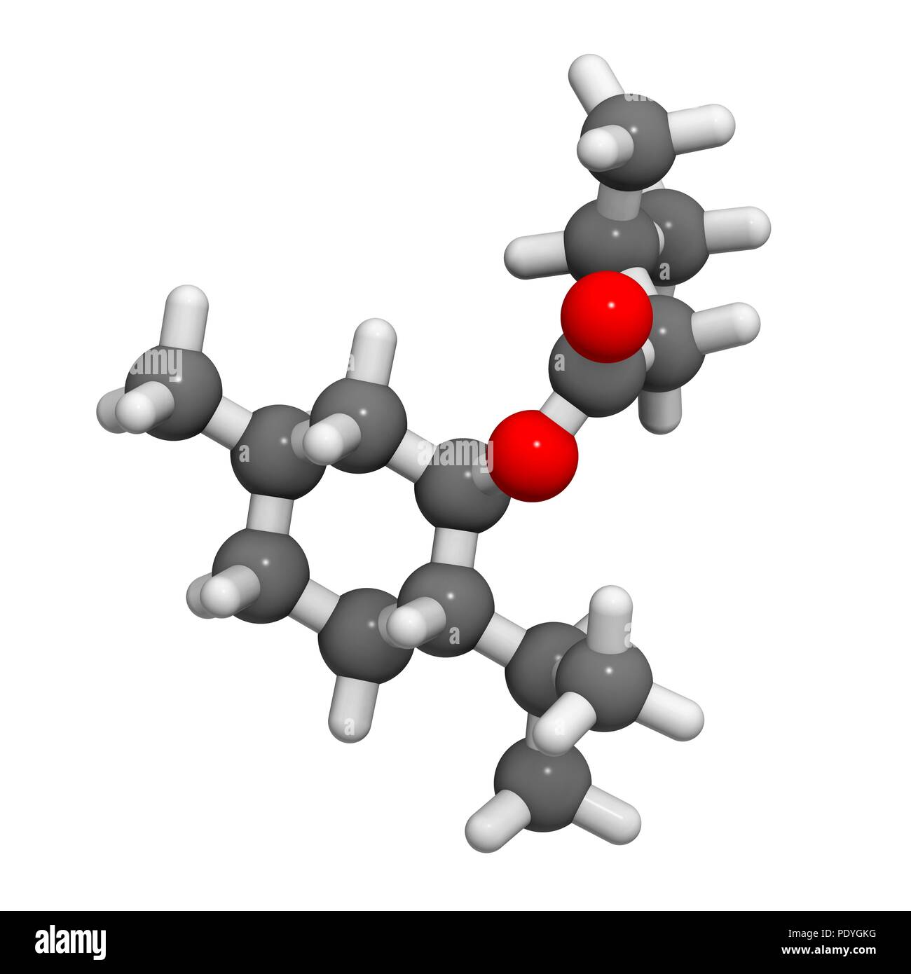 Menthyl isovalerate drug molecule. 3D rendering. Atoms are represented ...