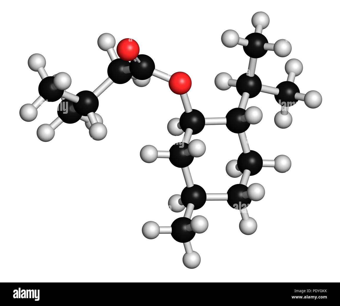 Menthyl isovalerate drug molecule. 3D rendering. Atoms are represented ...