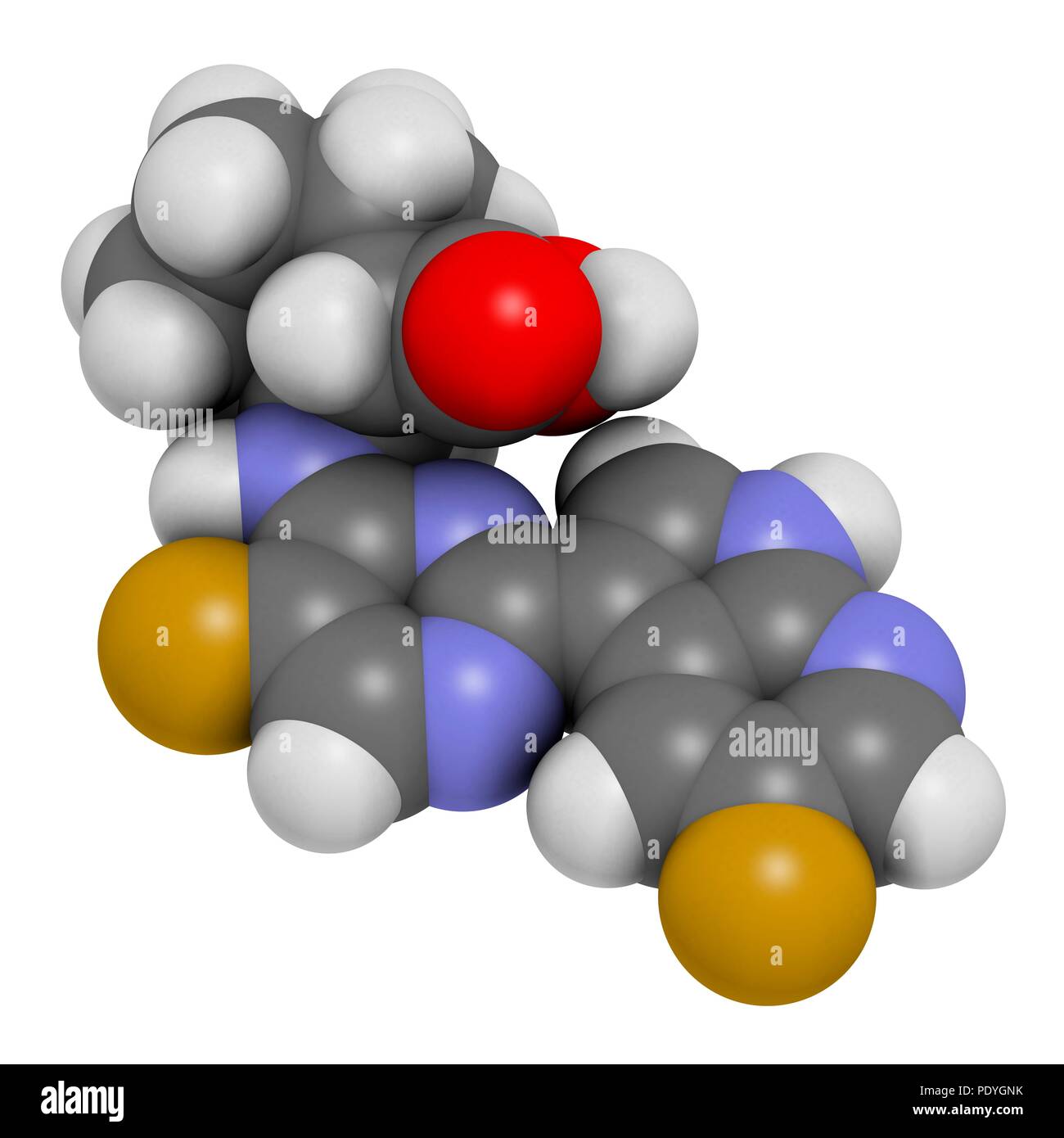 Pimodivir influenza drug molecule. 3D rendering. Atoms are represented ...