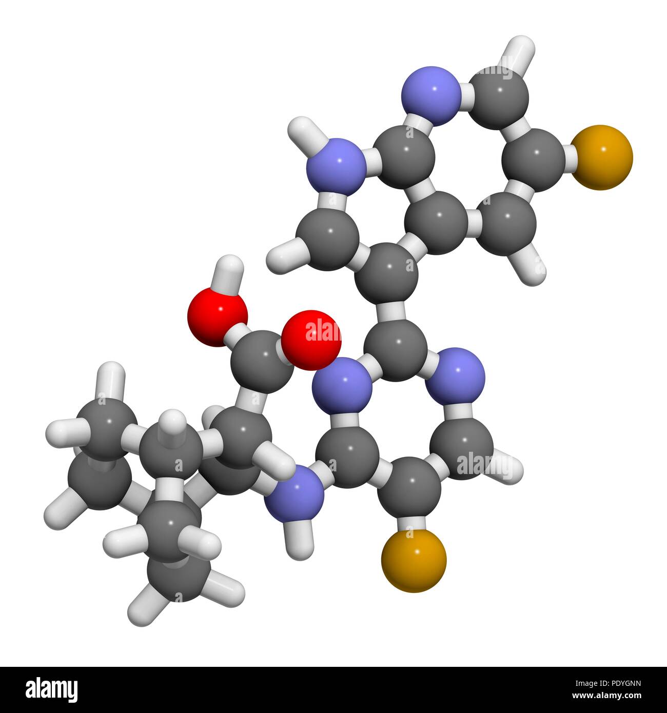 Pimodivir influenza drug molecule. 3D rendering. Atoms are represented ...