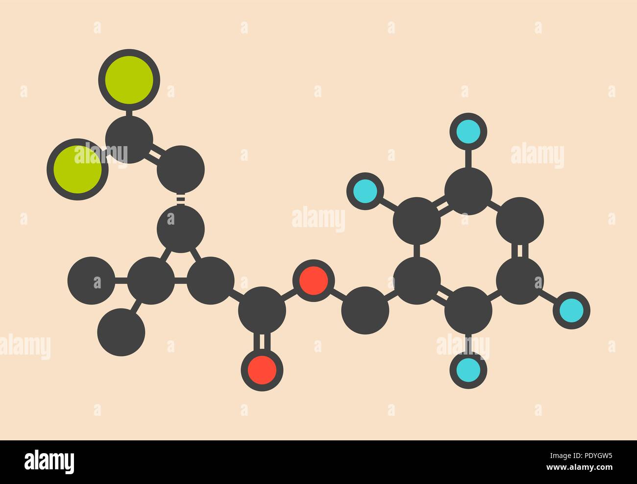 Transfluthrin insecticide molecule. Stylized skeletal formula (chemical structure): Atoms are ...