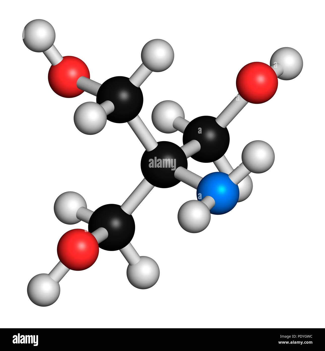 Tris buffering agent molecule. Also known as tromethamine. 3D rendering ...