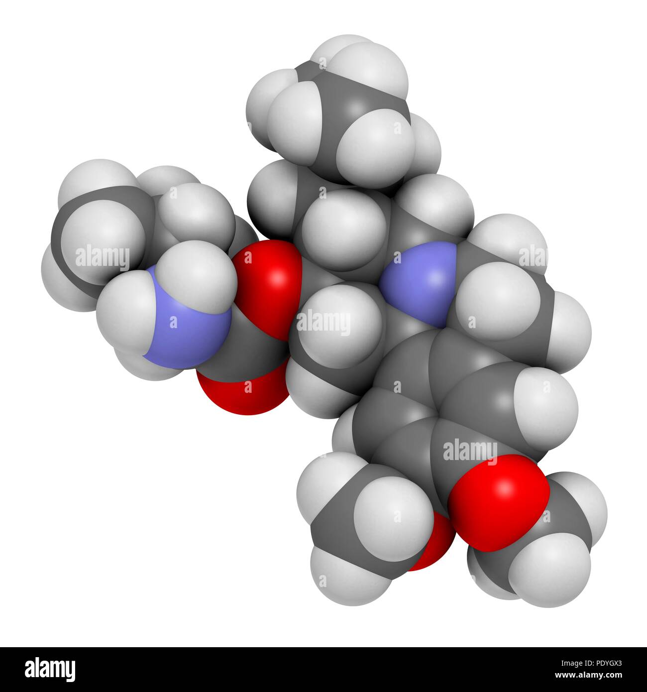Valbenazine tardive dyskinesia drug molecule. 3D rendering. Atoms are ...