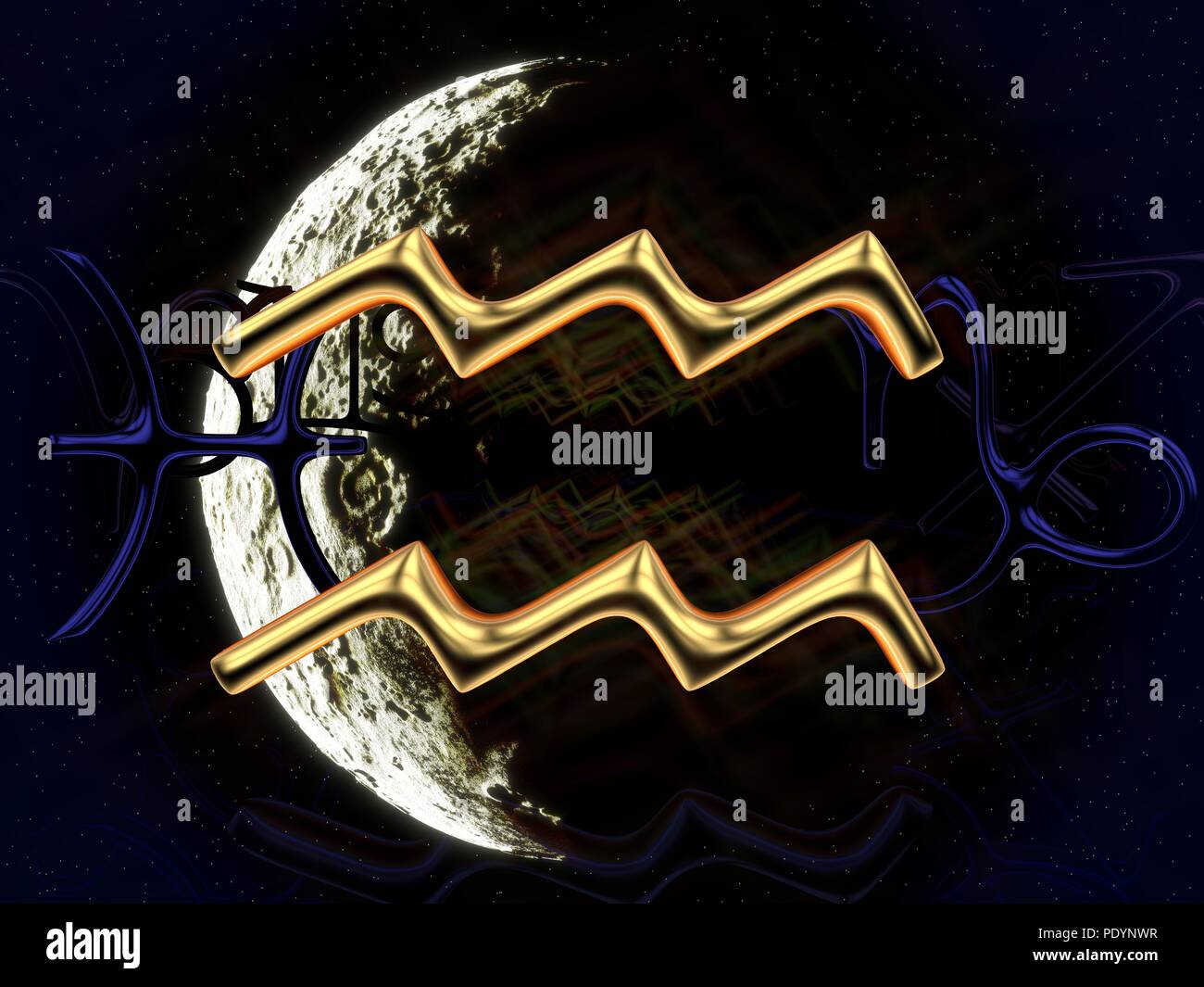 Astrology symbol in gold with the moon in background - Aquarius Stock ...