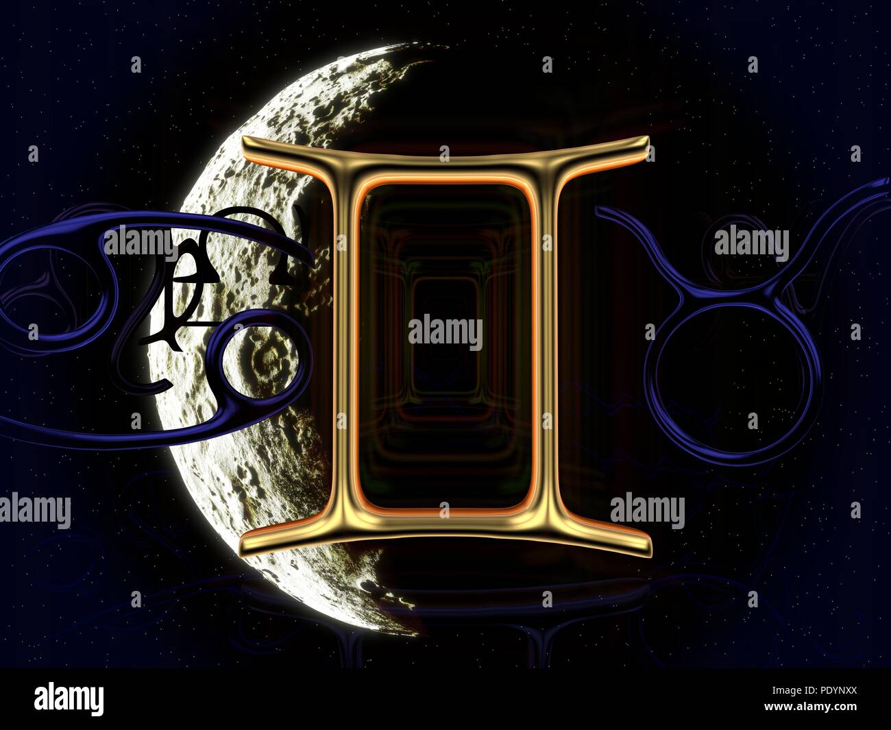 Astrology symbol in gold with the moon in background - Gemini Stock ...