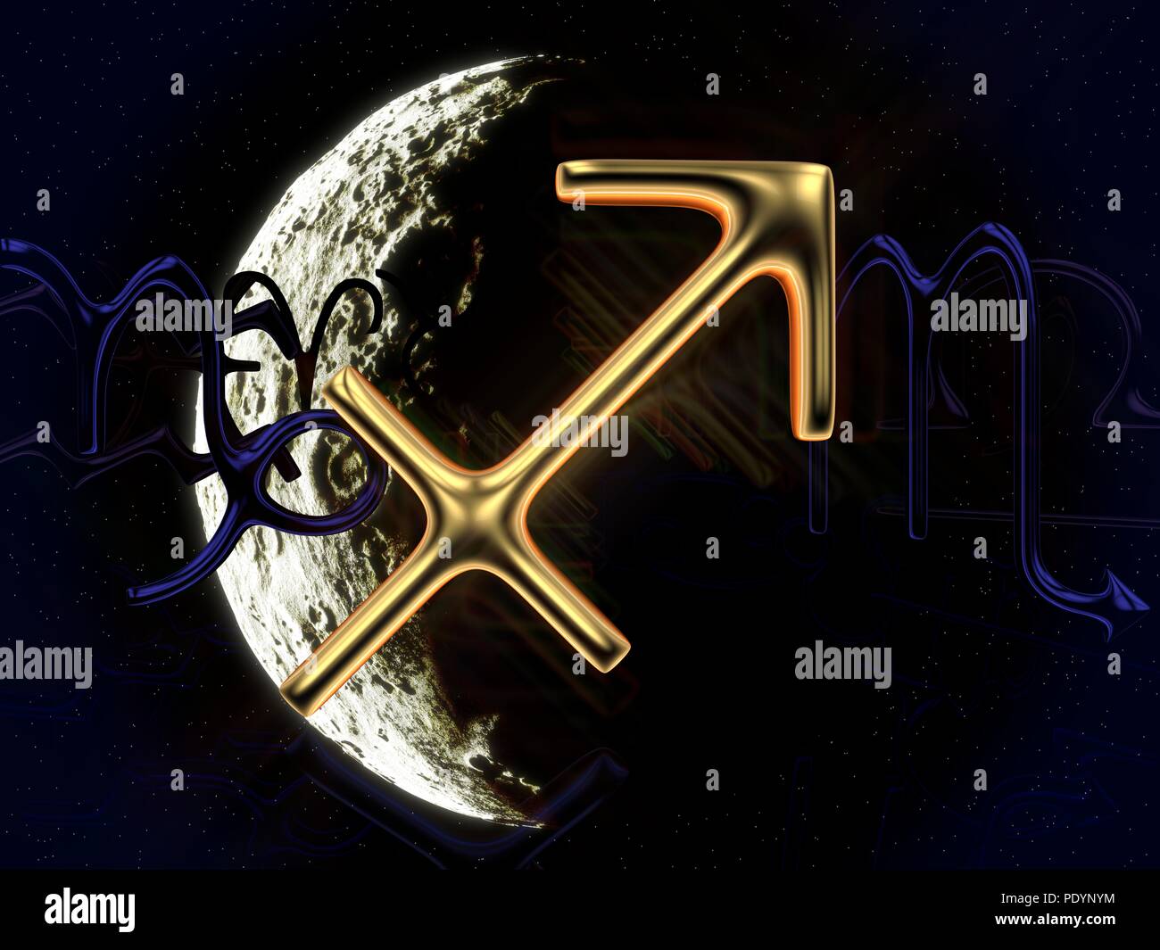 Astrology symbol in gold with the moon in background - Sagittarius ...