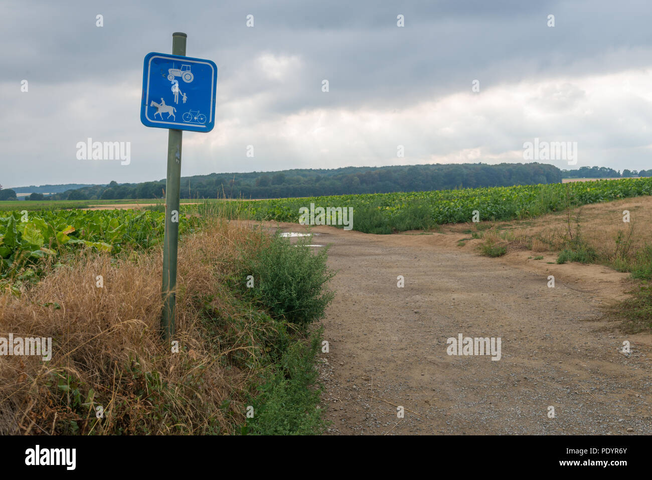 Traffic sign indicating a rural road through the fields only accessible ...