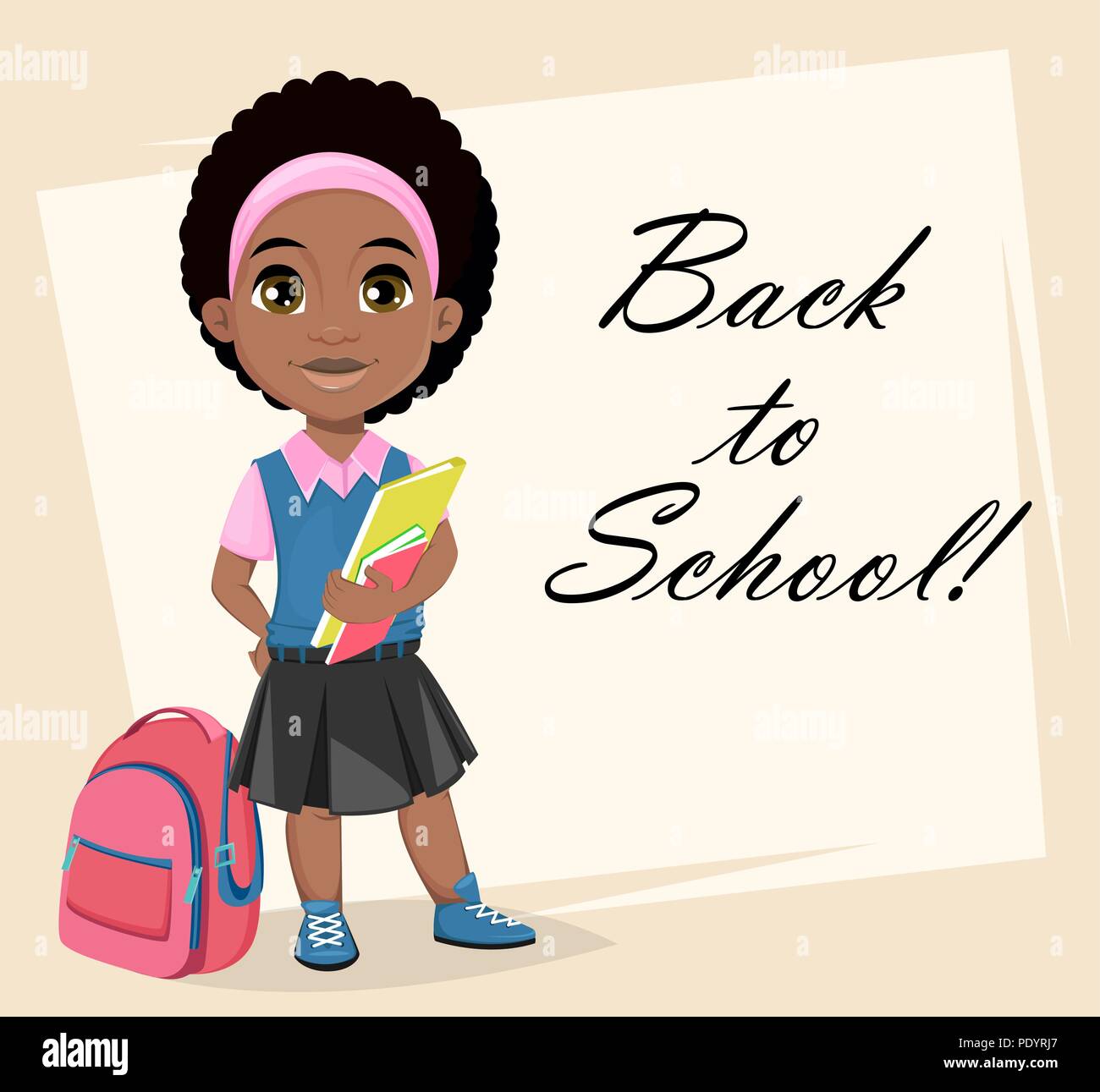 Back to School greeting card, poster or flyer. Cute African American ...