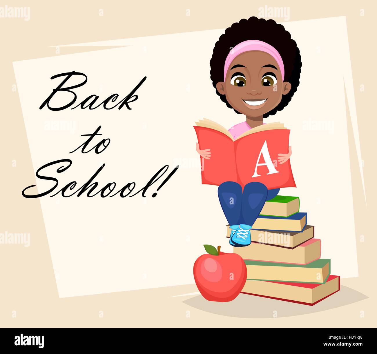 Back to School greeting card, poster or flyer. Cute African American ...