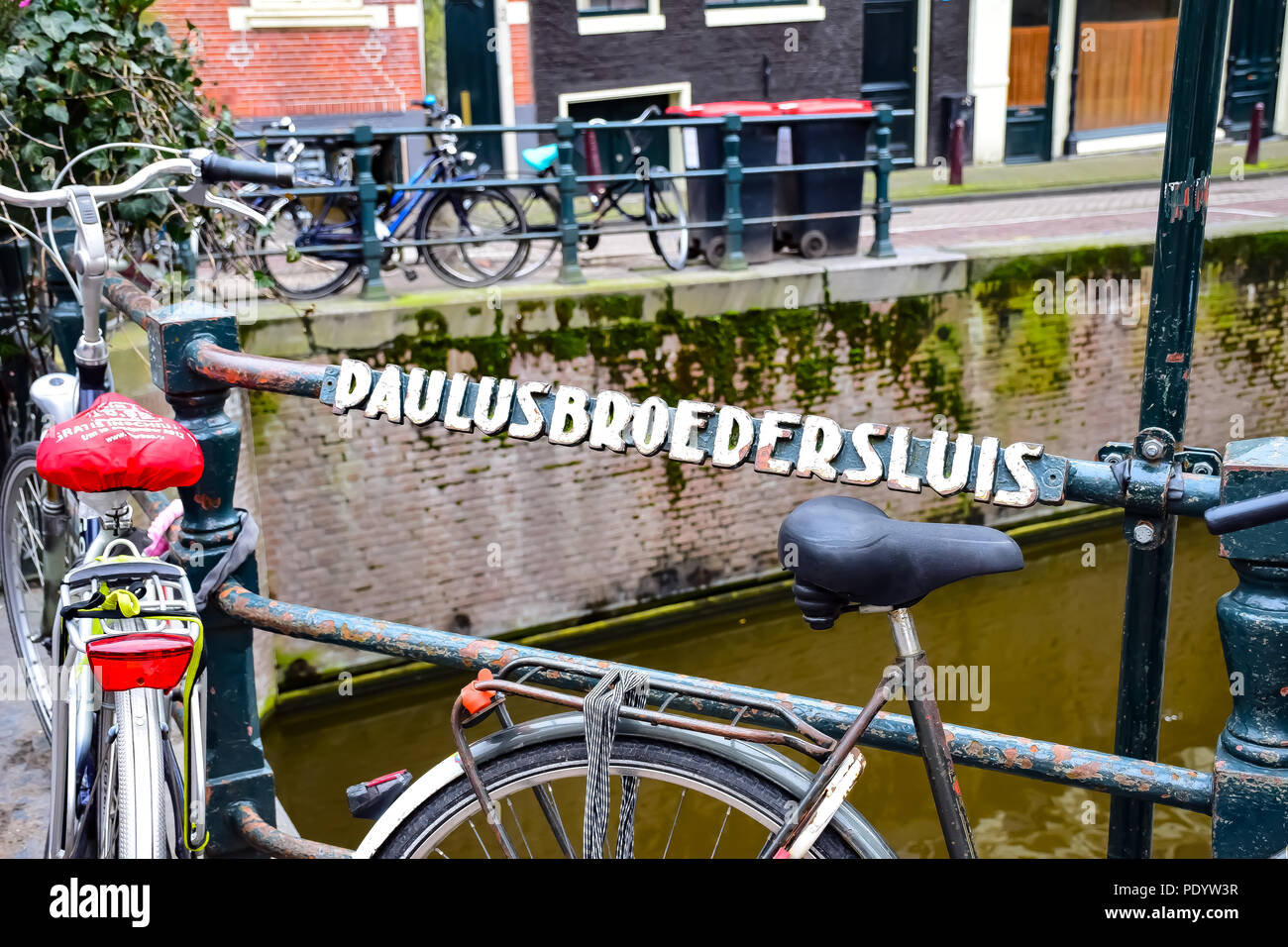Signage on a bridge over a canal in Amsterdam, Netherlands Stock Photo ...