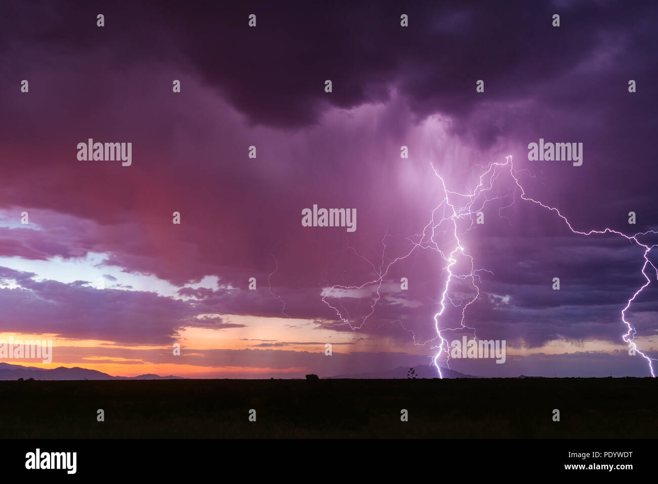Lightning strike during a colorful sunset thunderstorm near Benson ...