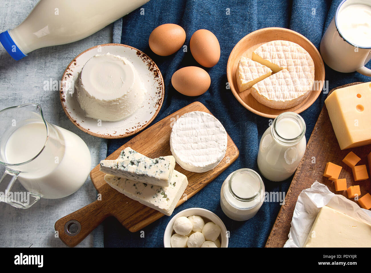 Different types of dairy products and eggs. Flat lay Stock Photo - Alamy