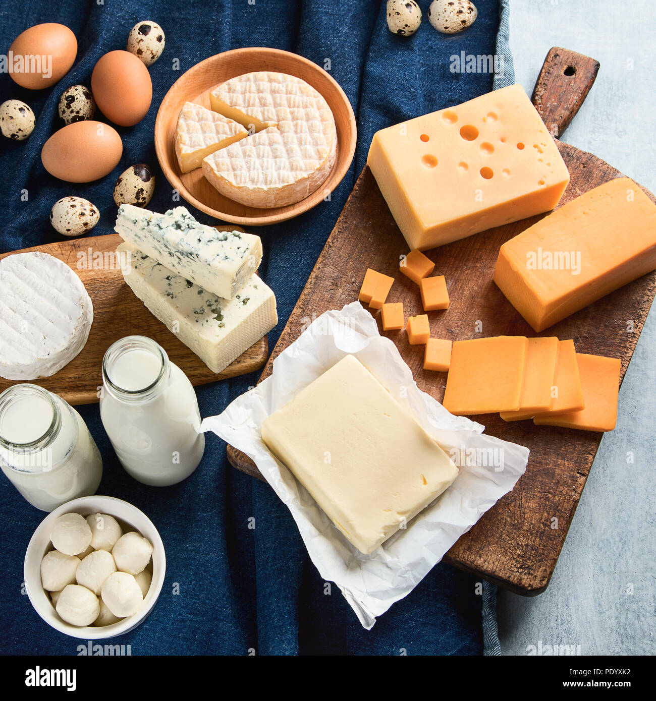 Different types of dairy products and eggs. Flat lay Stock Photo - Alamy