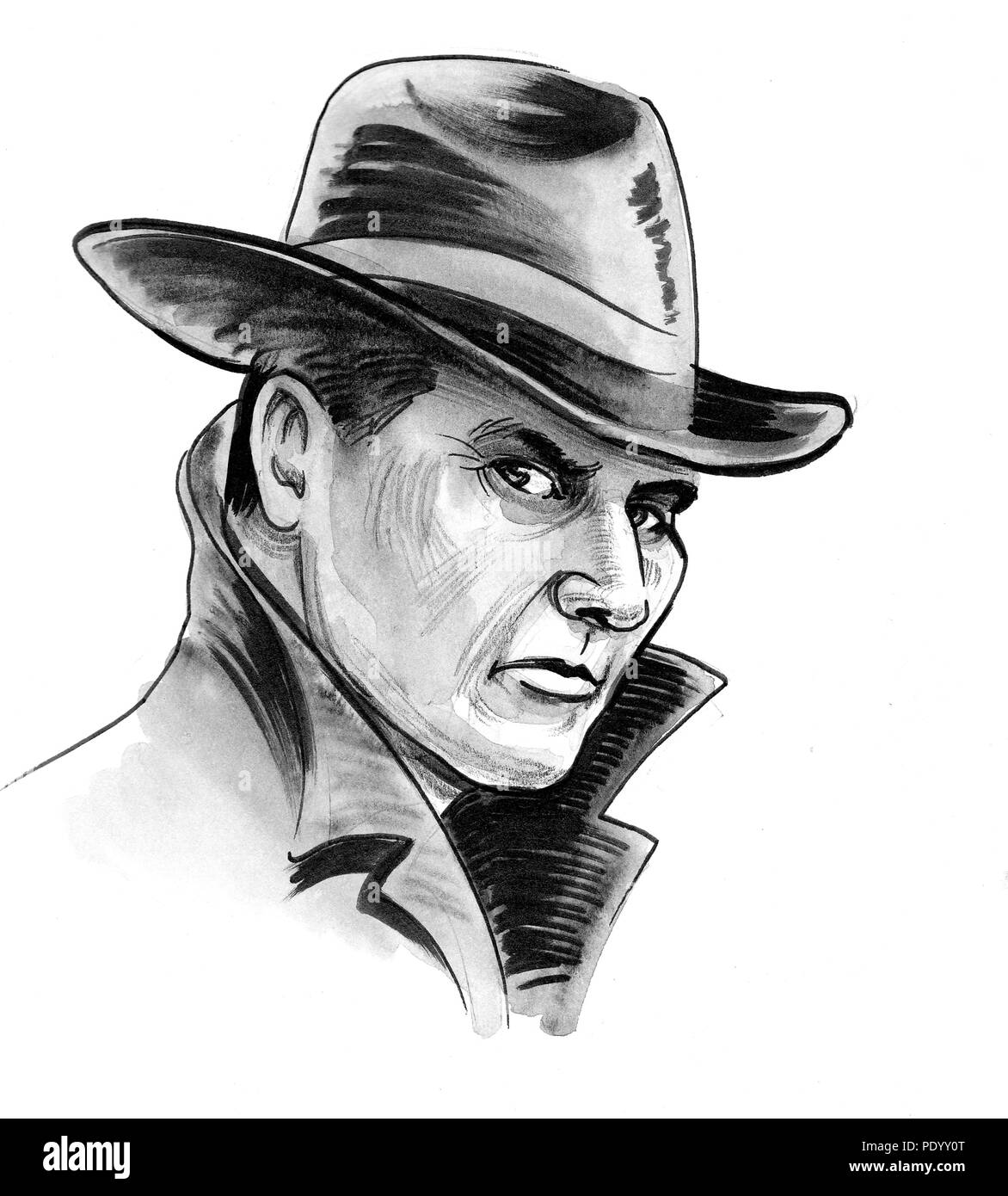 Man in hat. Ink black and white illustration Stock Photo - Alamy