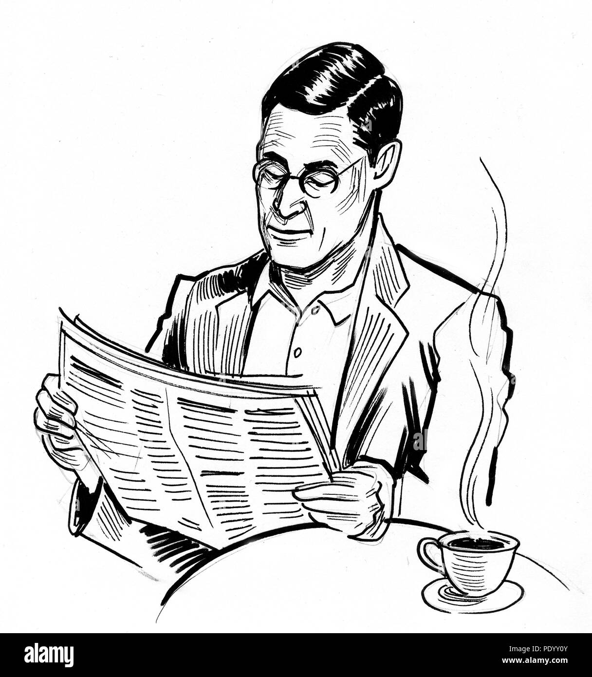 Gentleman drinking tea and reading a newspaper. Ink black and white ...
