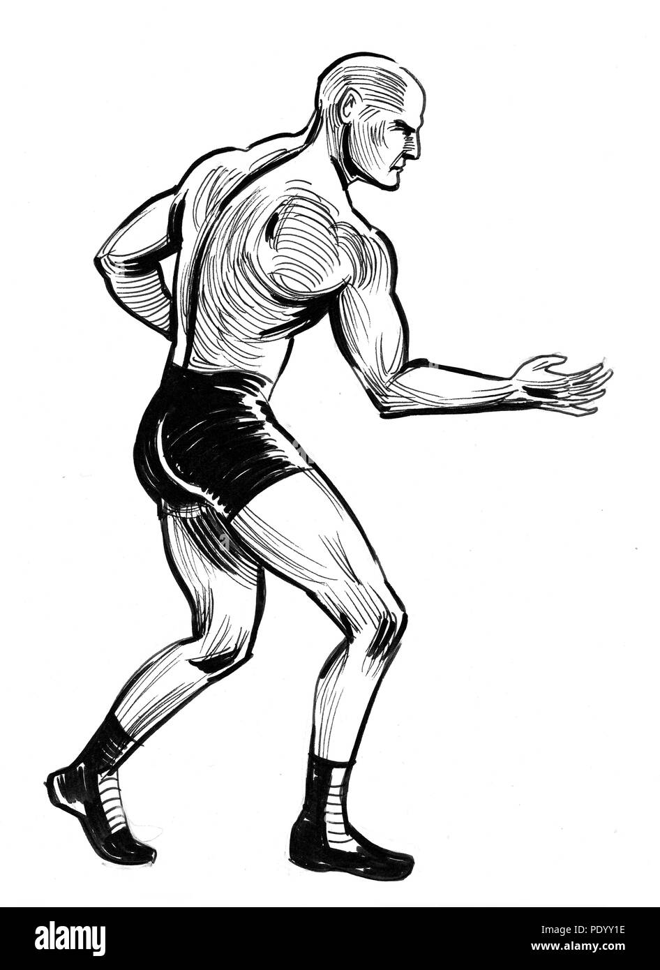 Strong bald wrestler. Ink black and white illustration Stock Photo - Alamy