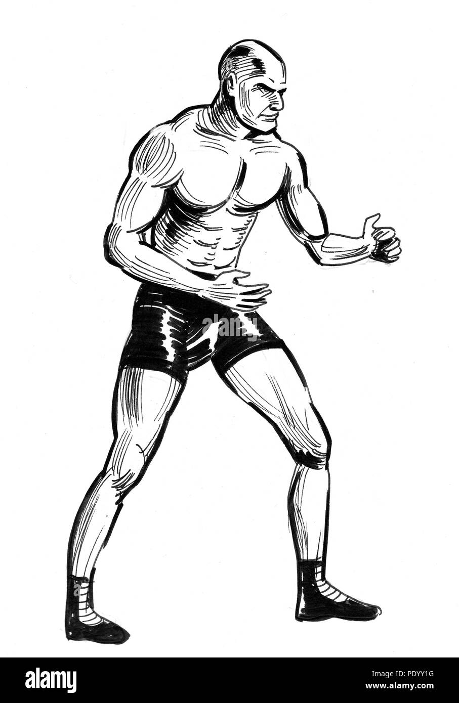 Strong bald wrestler. Ink black and white illustration Stock Photo - Alamy