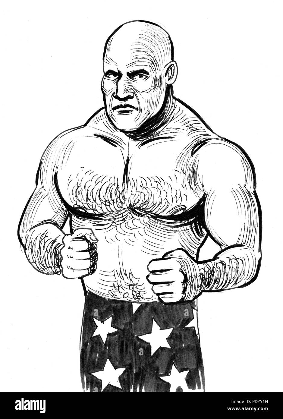 Strong bald wrestler. Ink black and white illustration Stock Photo - Alamy