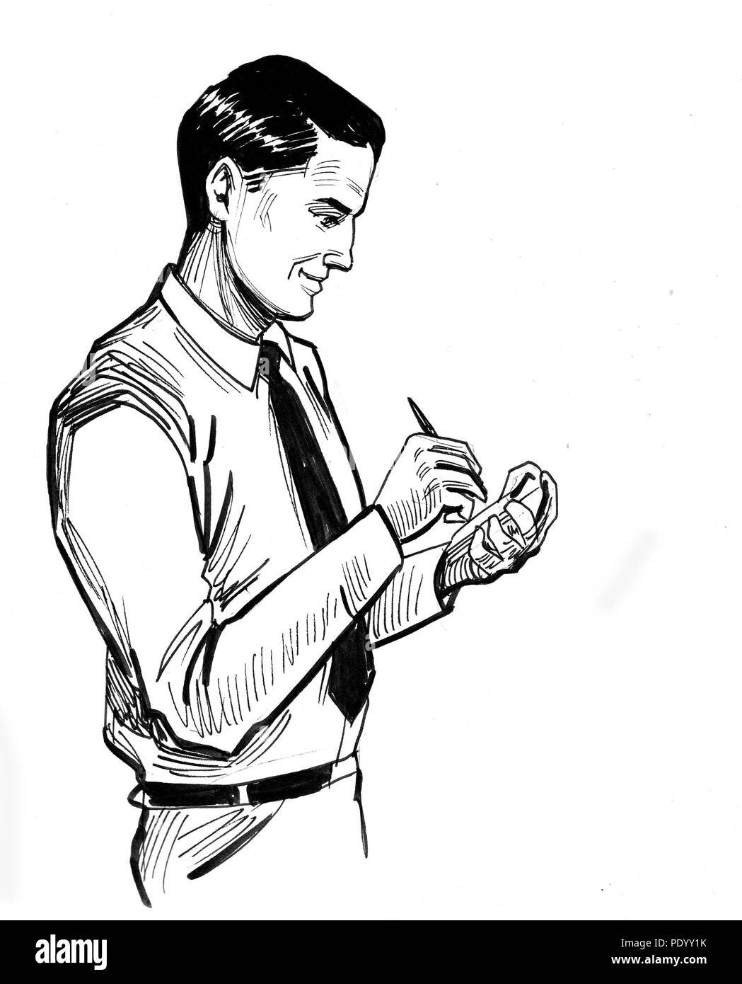 Man taking notes. Ink black and white illustration Stock Photo - Alamy