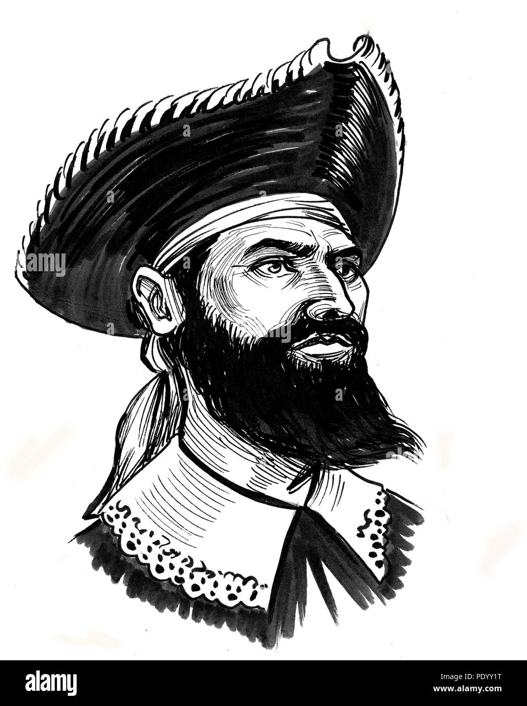 Pirate captain. Ink black and white illustration Stock Photo - Alamy