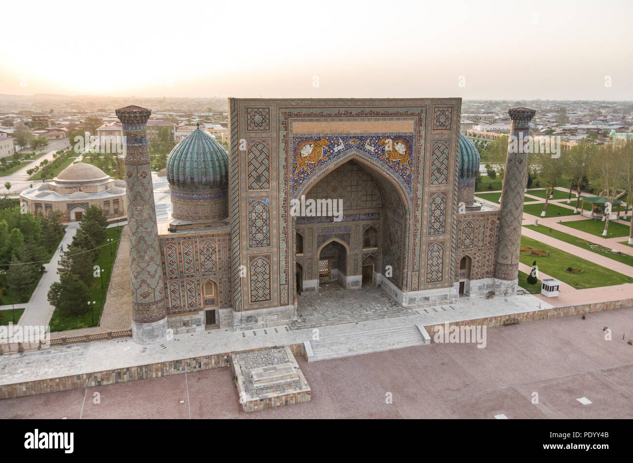 View of Sher-Dor Madrasa from minaret of Ulugbek Madrasah on Registan ...