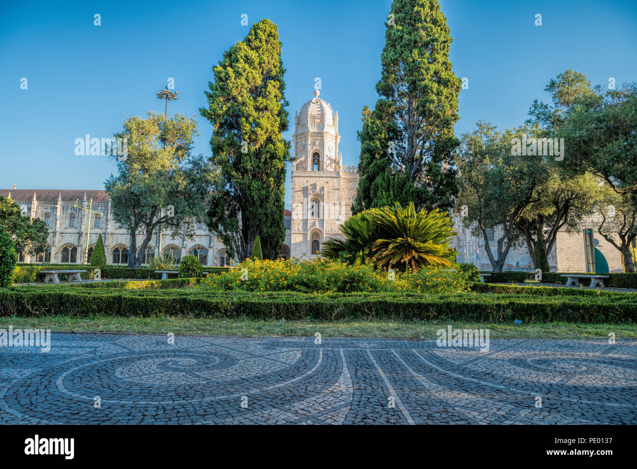 Main facade of the Jeronimos Monastery in Belem, Portugal. It is a ...