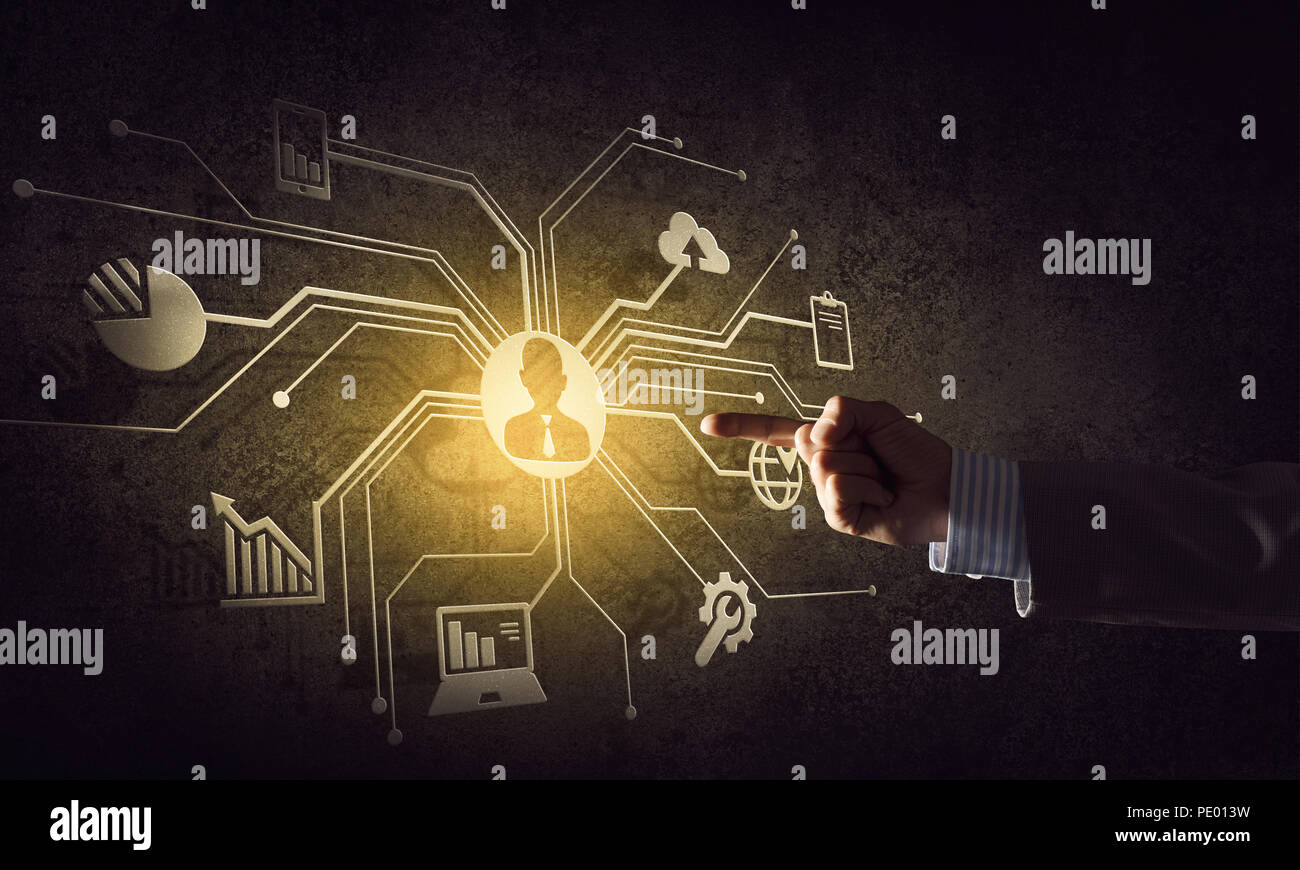 Close of businessman hand showing at user interface glowing on w Stock ...