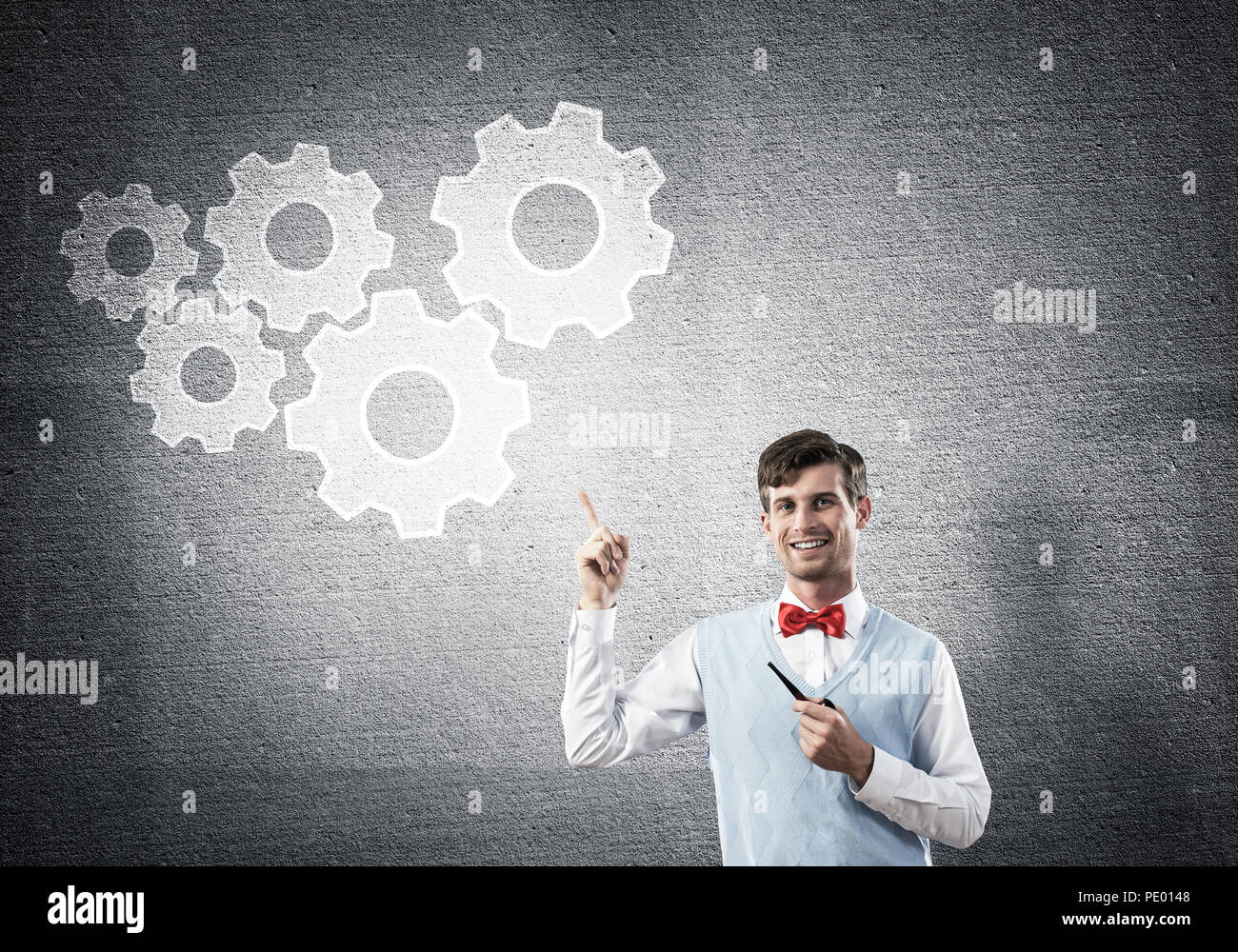 Elegant banker wearing red tie and gears as teamwork concept Stock ...