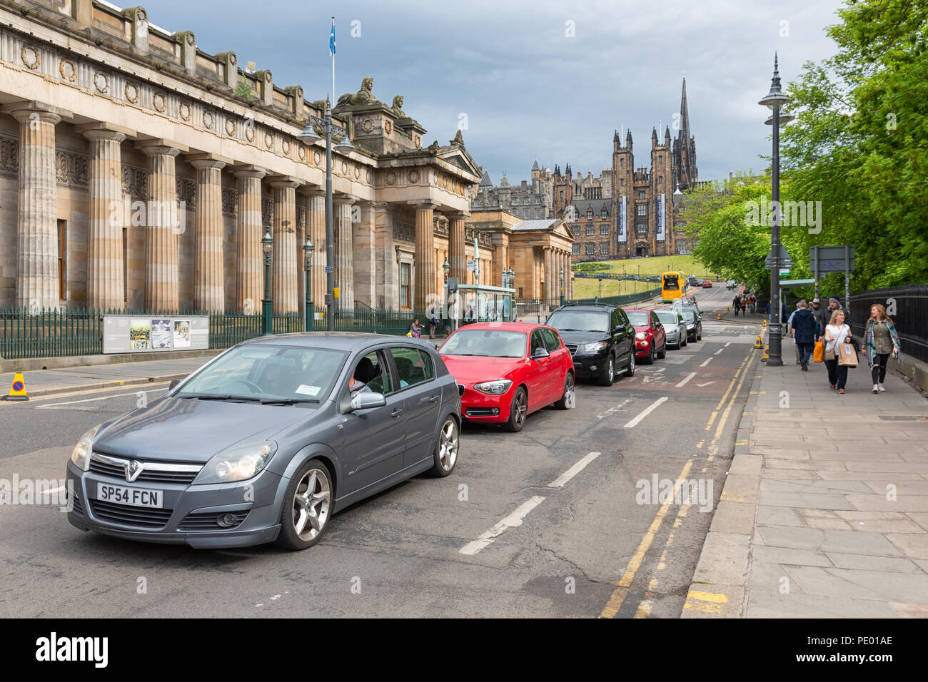 Street scene Edinburgh near Royal Scottish Academy with cars and ...