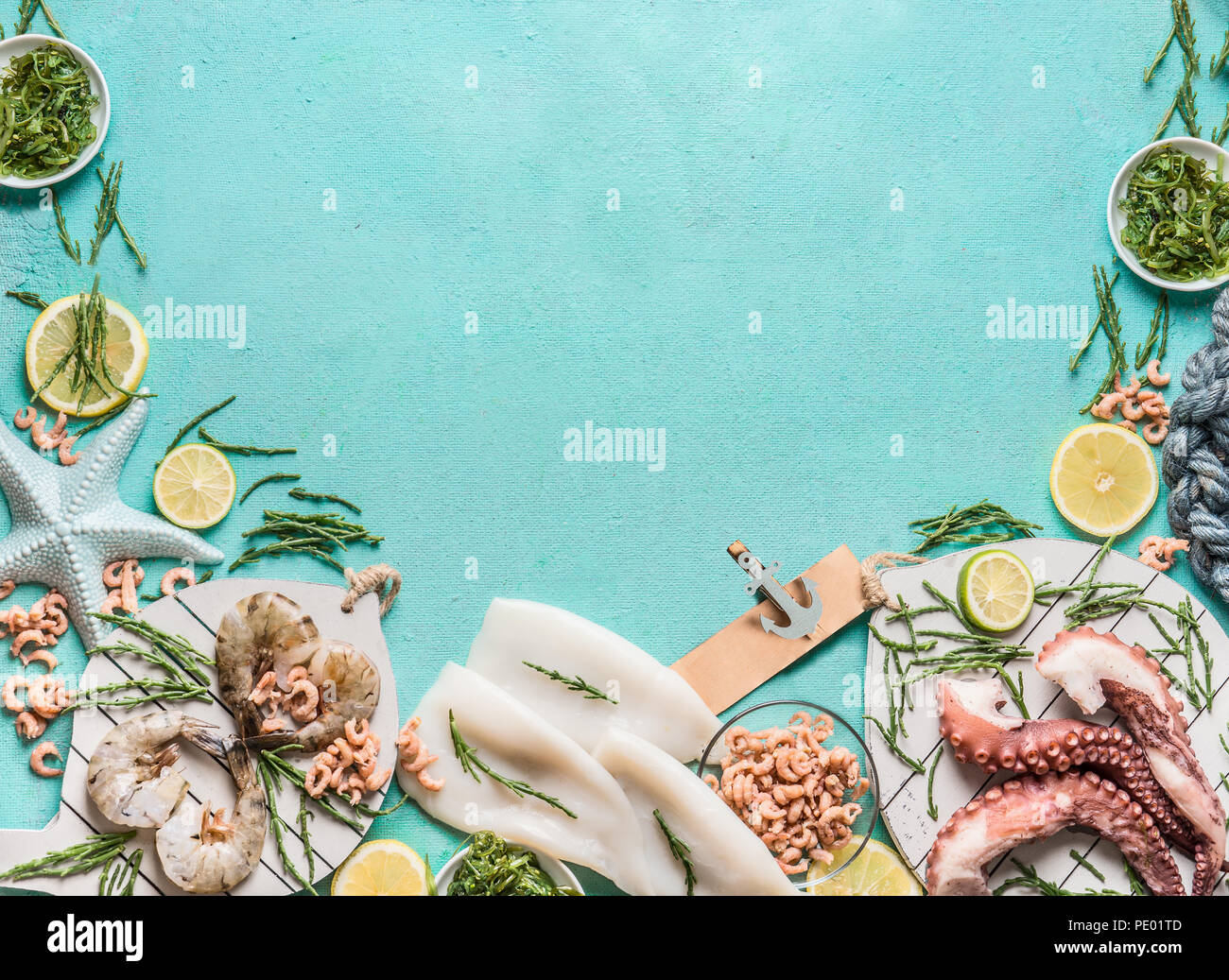 Seafood background with squid, prawn or tiger shrimp, octopus, North ...