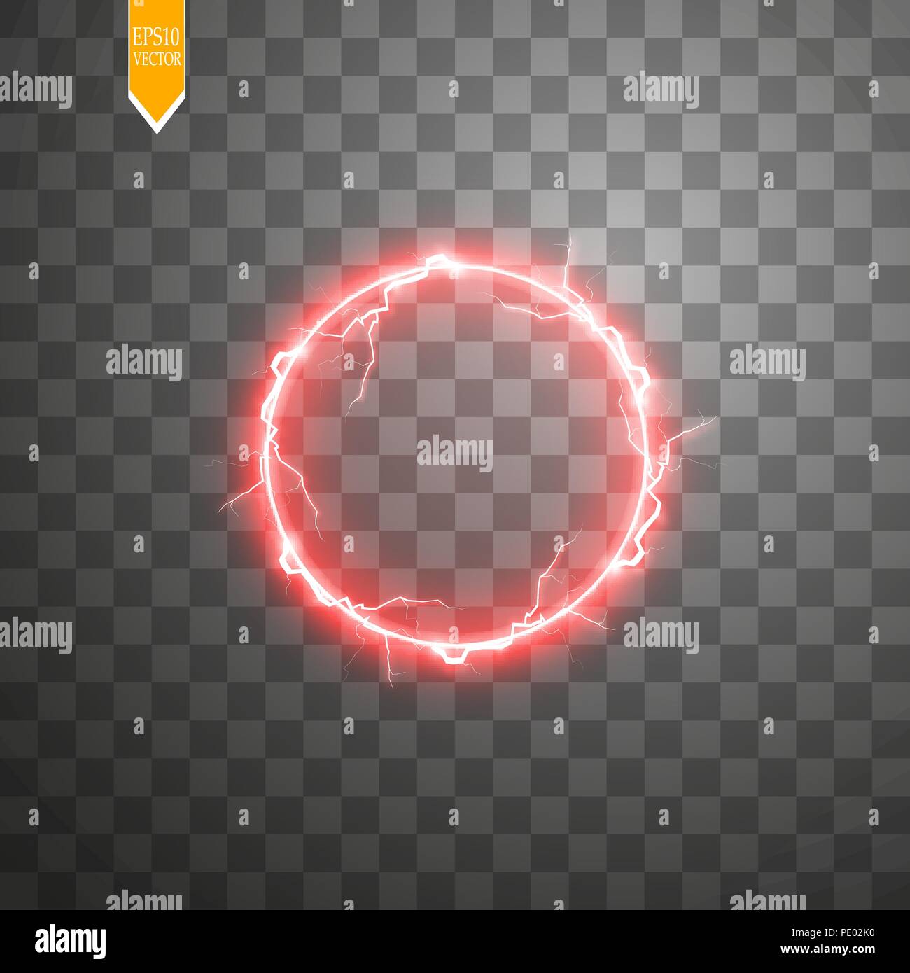 Red round frame. Shining circle banner. Isolated on black transparent ...