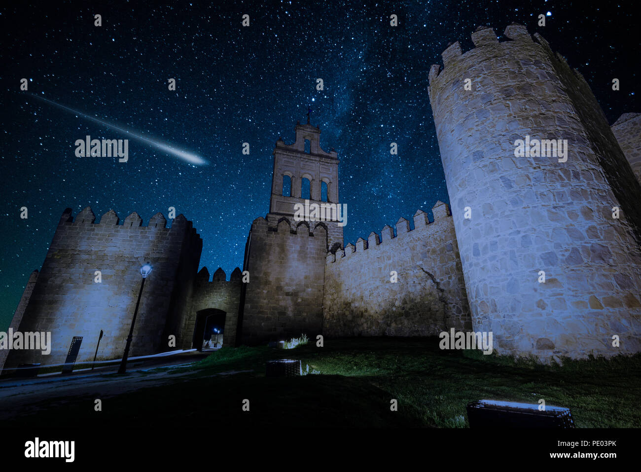 Perseid Meteor Shower and the Milky Way over castle in Avilla,SPain ...